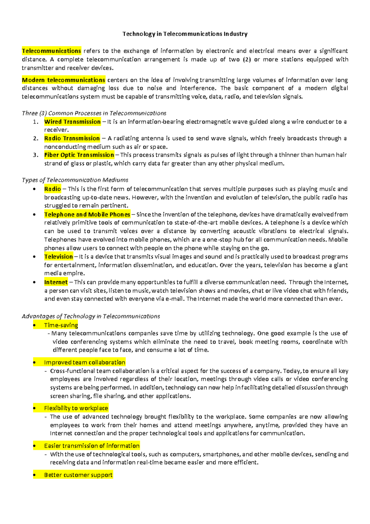 IT Note - Technology in Telecommunications Industry - Studocu
