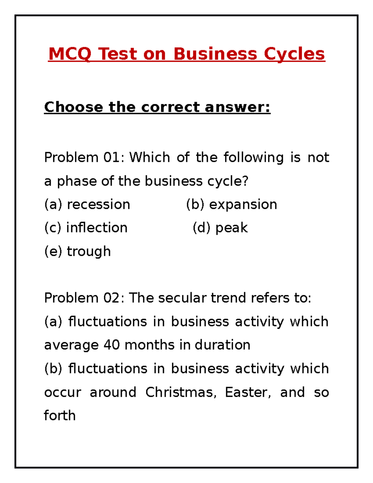 MCQ Test on Business Cycles: Assessment & Answers - Studocu