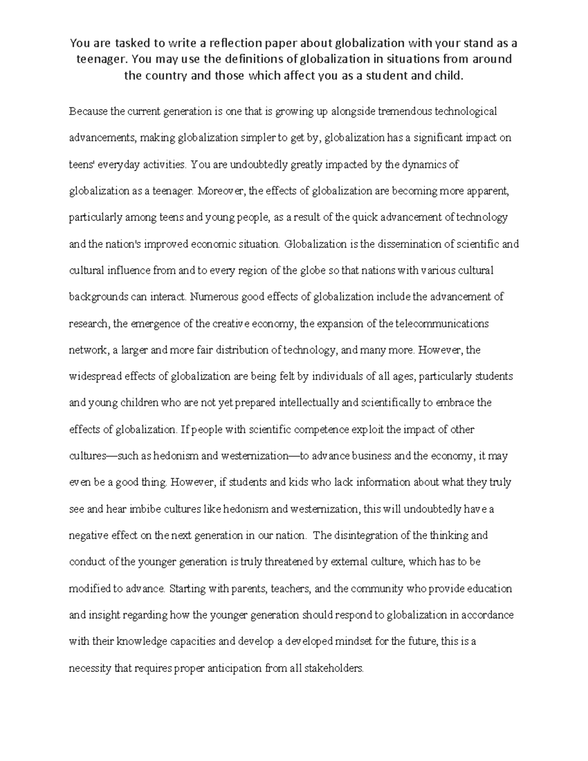 01 Reflection Paper on Globalization: Teen Perspectives and Impacts ...