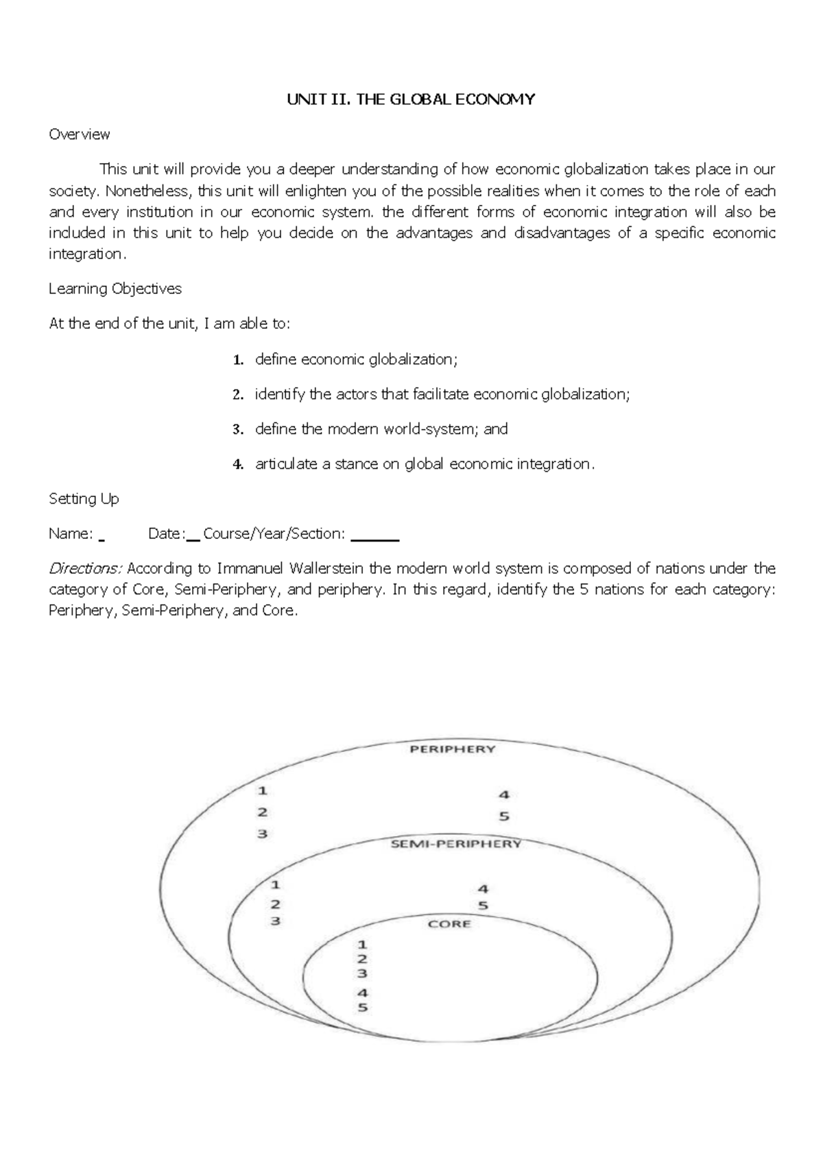GE 107 Unit II: Understanding the Global Economy and Economic ...