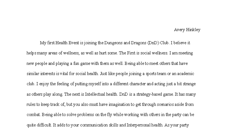 Health Event 1: Exploring Wellness Through DnD Participation - Studocu