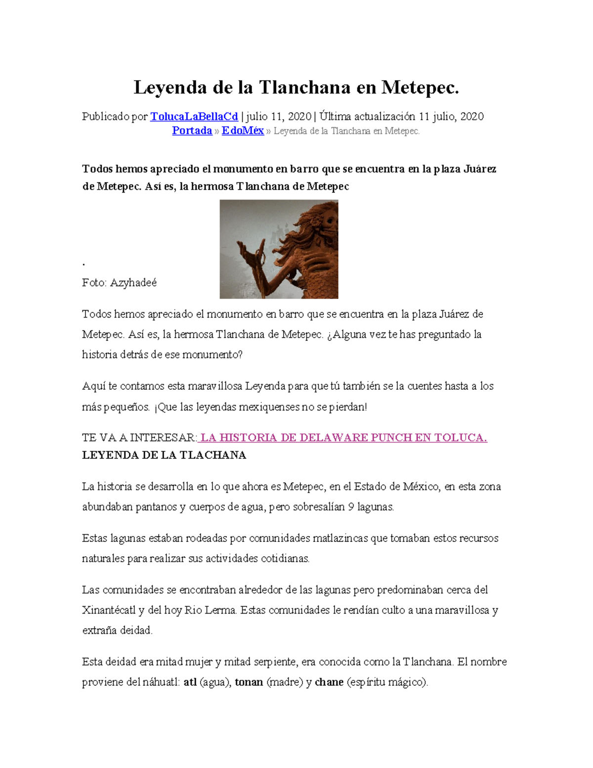 Leyenda Mexicana: La Historia de la Tlanchana en Metepec - Studocu
