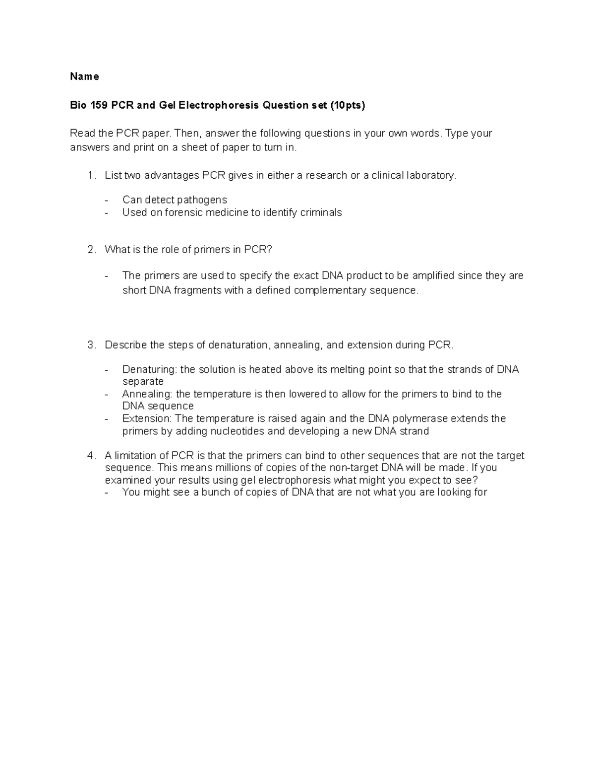 PCR and Gel Electrophoresis Questions -1 - Then, answer the following ...