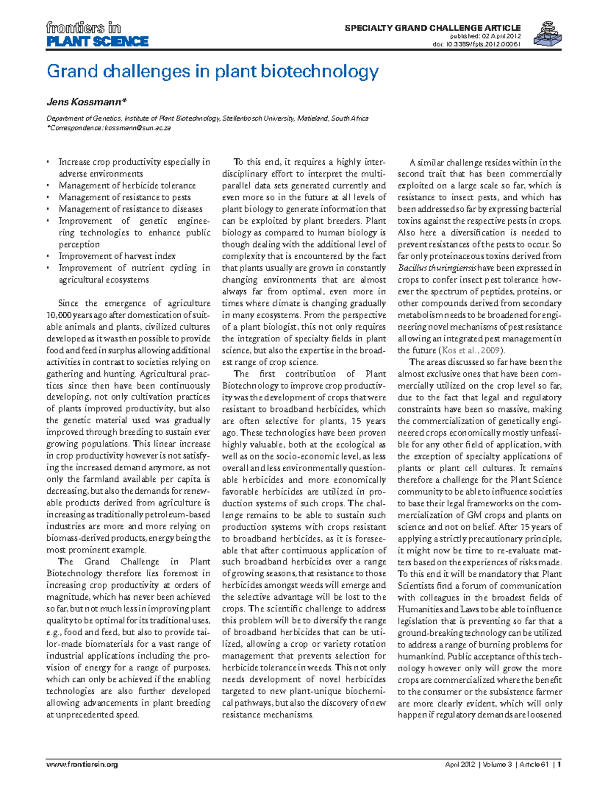 Grand Challenges in Plant Biotechnology: Enhancing Crop Productivity ...