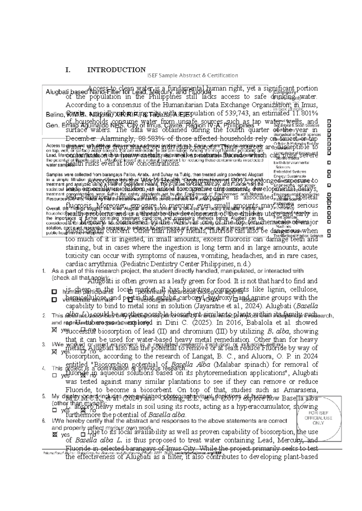 "Research on Basella alba L. (Alugbati) for Heavy Metal Removal in ...