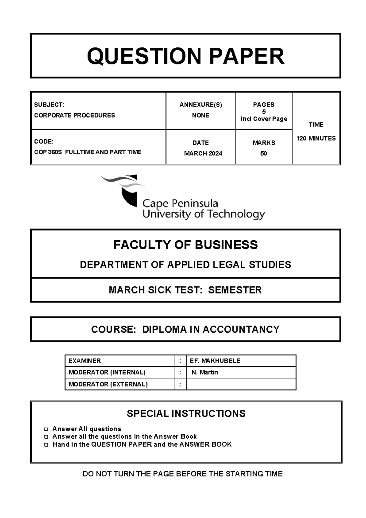COP 360S - March 2024 Corporate Procedures Test Questions (F) - Studocu