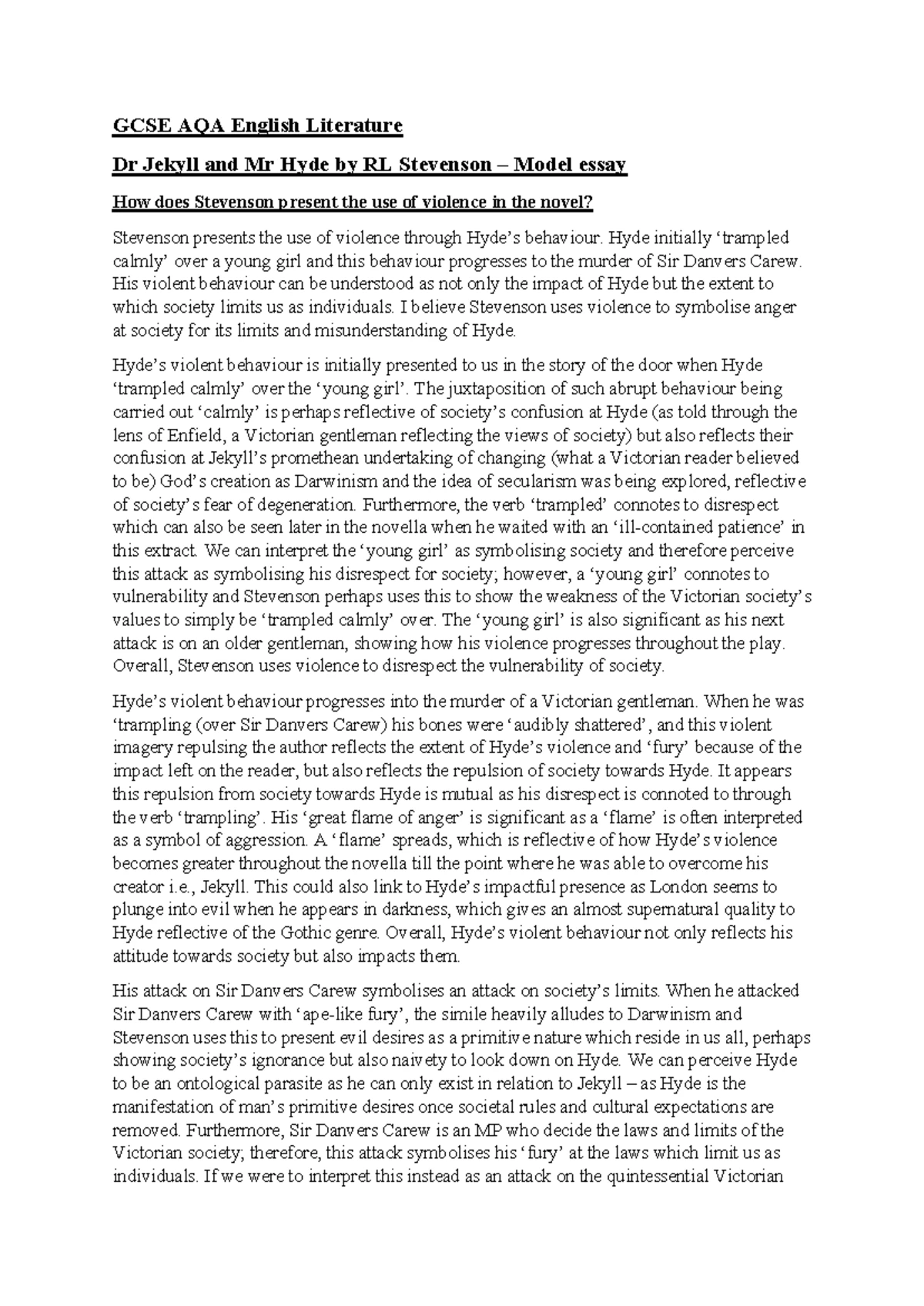 Jekyll and Hyde practice exam questions - AQA Practice Questions: Dr ...