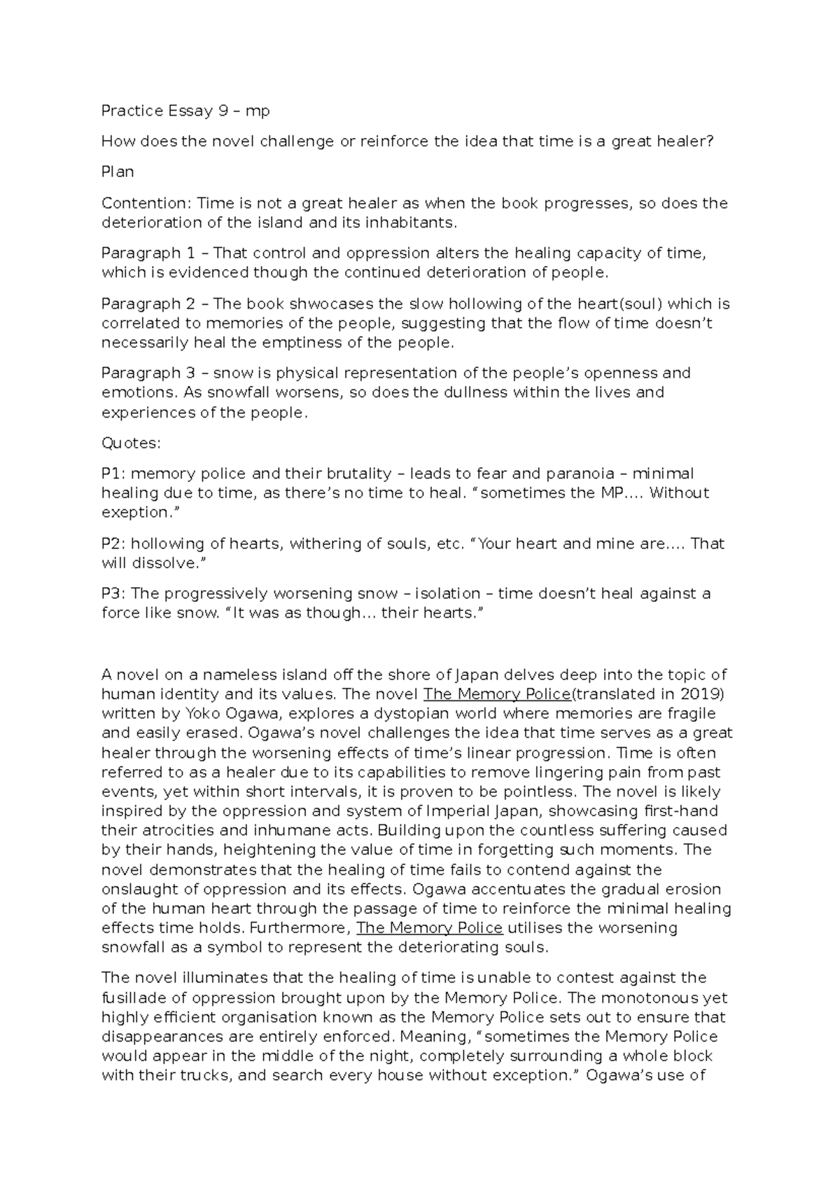 Practice Essay 9 - Time as a Poor Healer in The Memory Police - Studocu