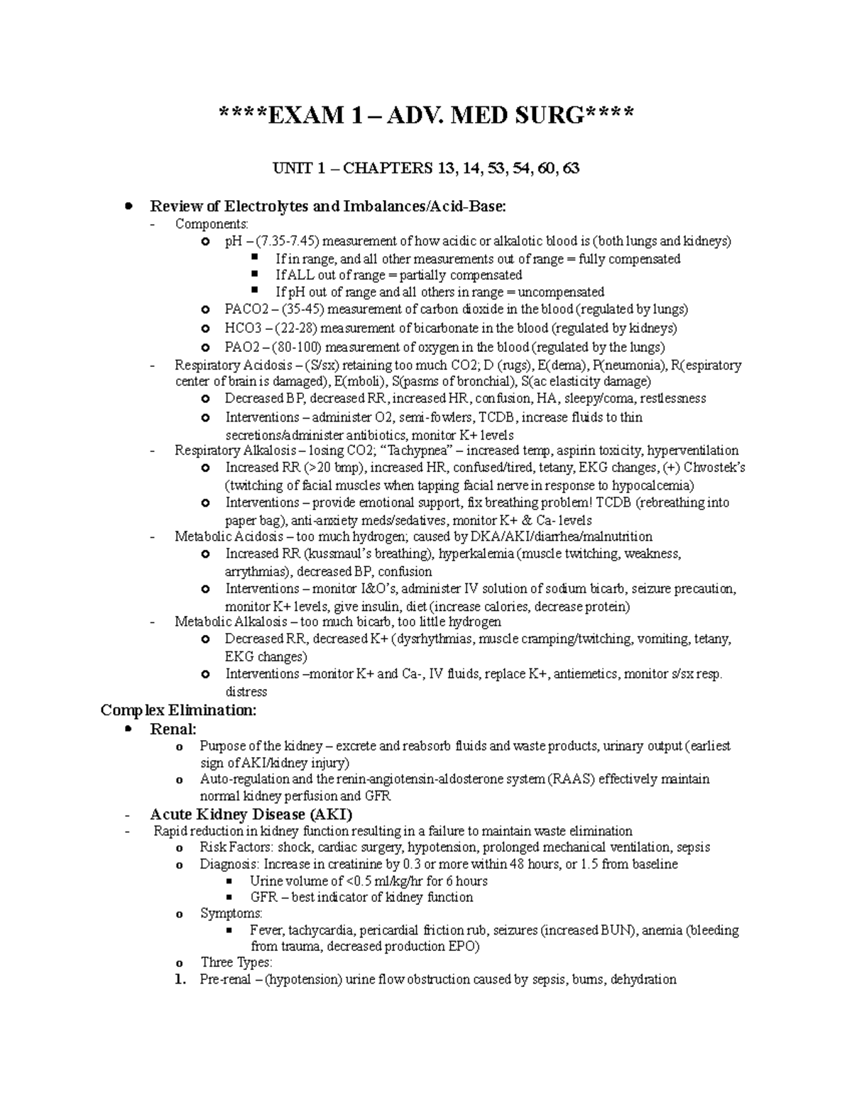 265 Study Guide - Exam 1 - Exam 1 - EXAM 1 – ADV. MED SURG UNIT 1 ...