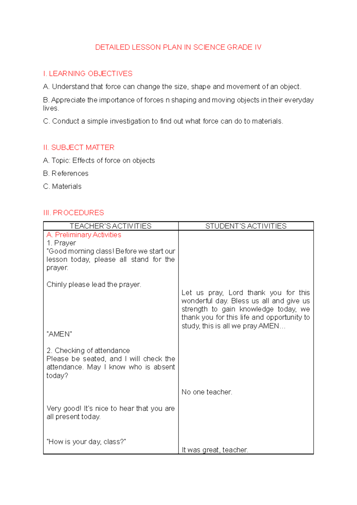Detailed Lesson Plan: Effects of Force on Objects - Grade IV - Studocu