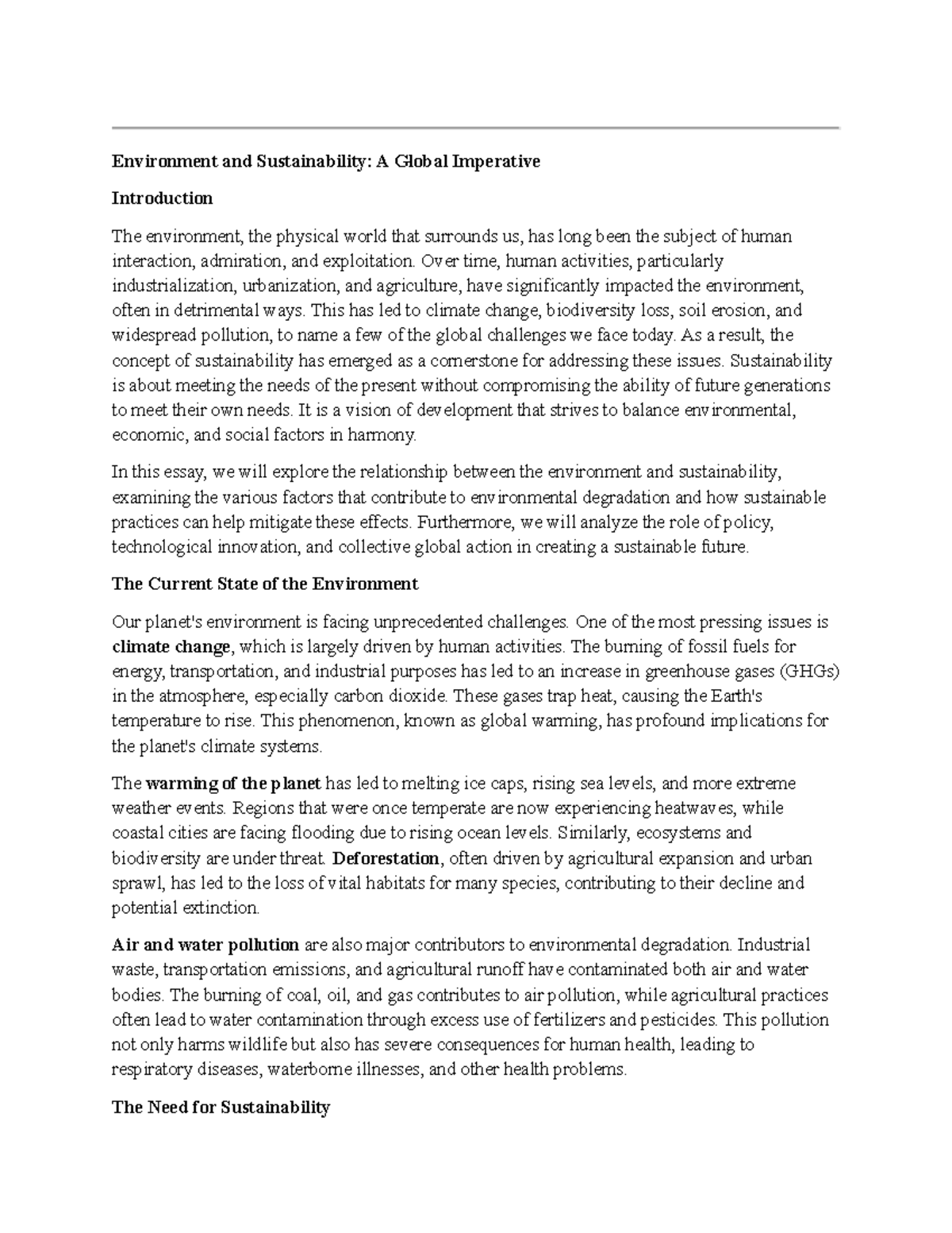 ENV 101: Environment & Sustainability - A Global Imperative Essay - Studocu
