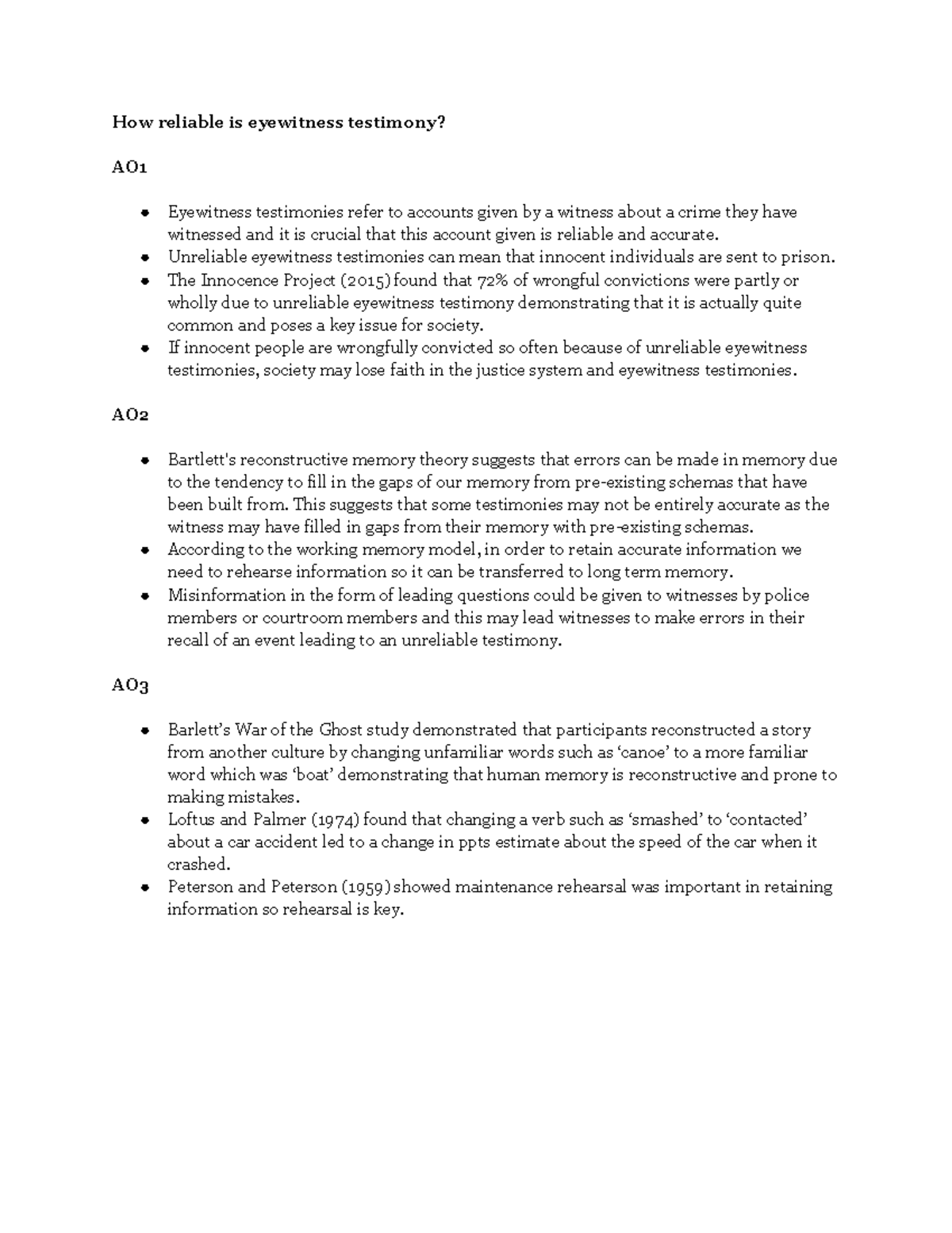 Edexcel Alevel Cognitive Psychology: Eyewitness Testimony Analysis ...