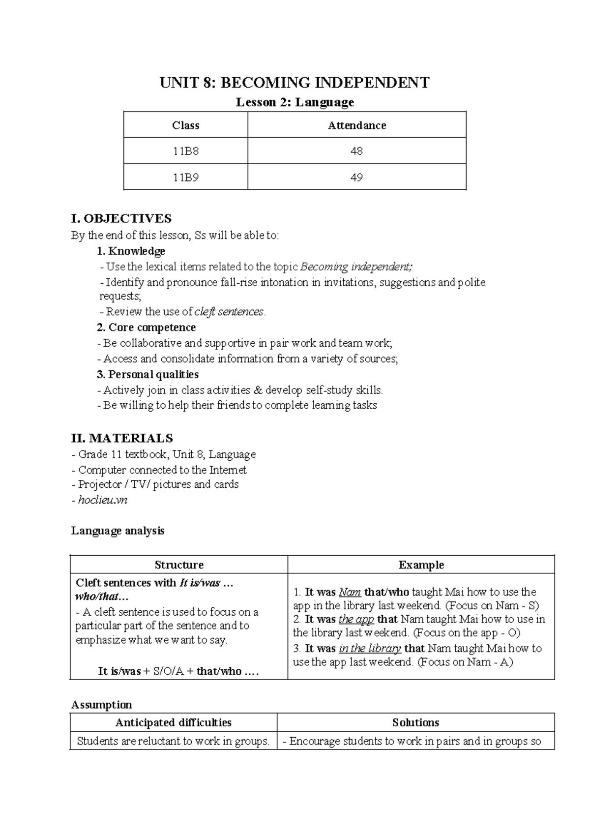 UNIT 8: BECOMING INDEPENDENT - Lesson 2 Language Class Attendance 11B8 ...