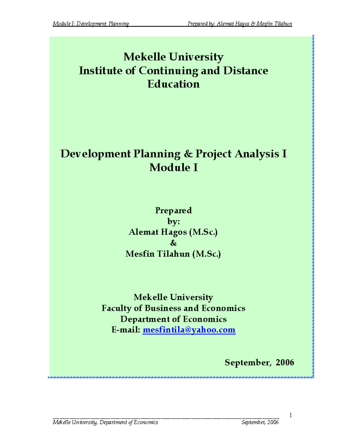 Development Planning and Project Analysis I module I - - Studocu