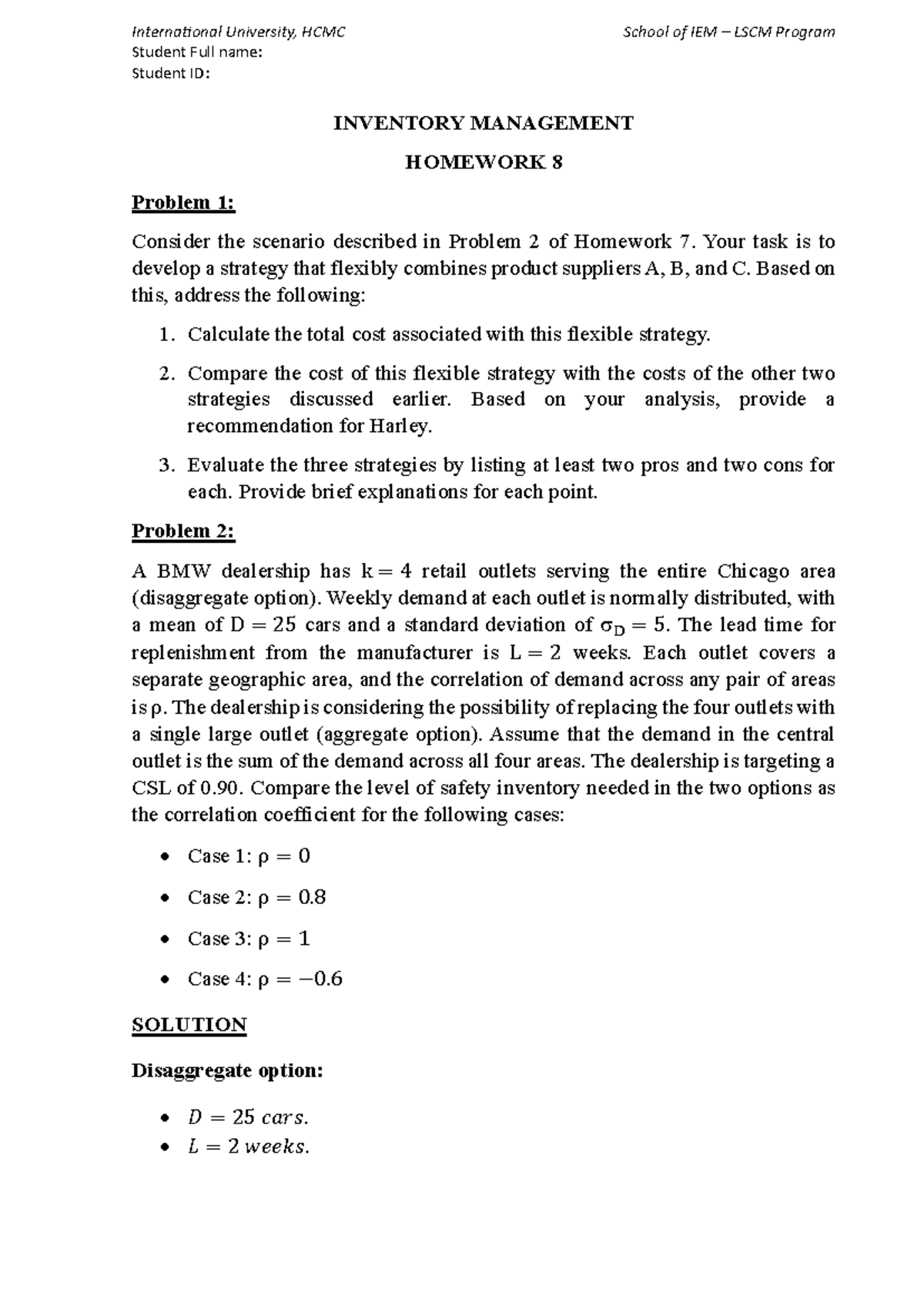 IEM LSCM 2526 Inventory Management Homework 8 Solutions - Studocu