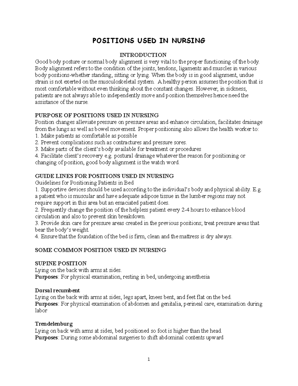 NURS 101: Positions Used in Nursing for Patient Care and Comfort - Studocu
