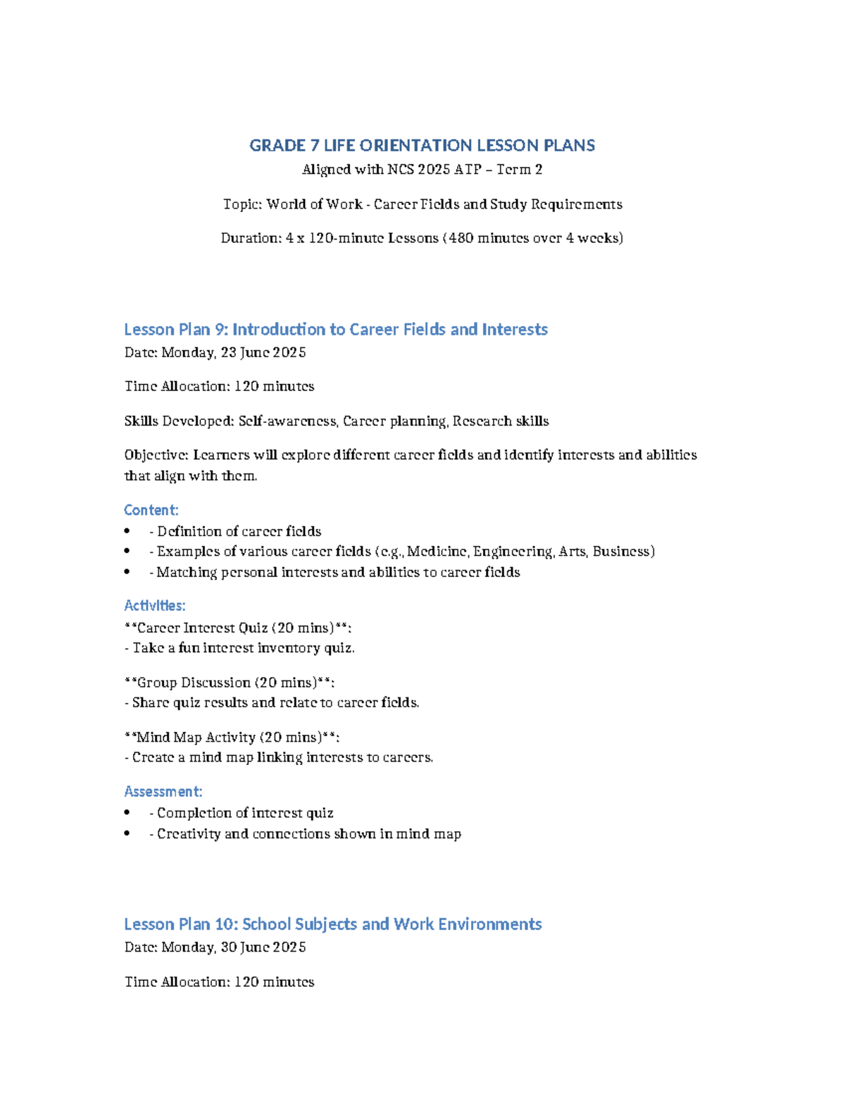 Grade 7 LO: World of Work Lesson Plans (480 min) - NCS 2025 Term 2 - Studocu