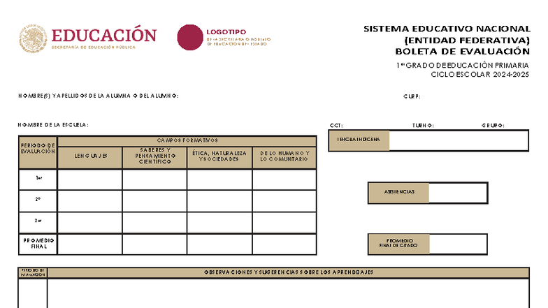 Boleta de Evaluación 1er a 5to Grado de Educación Primaria - Studocu