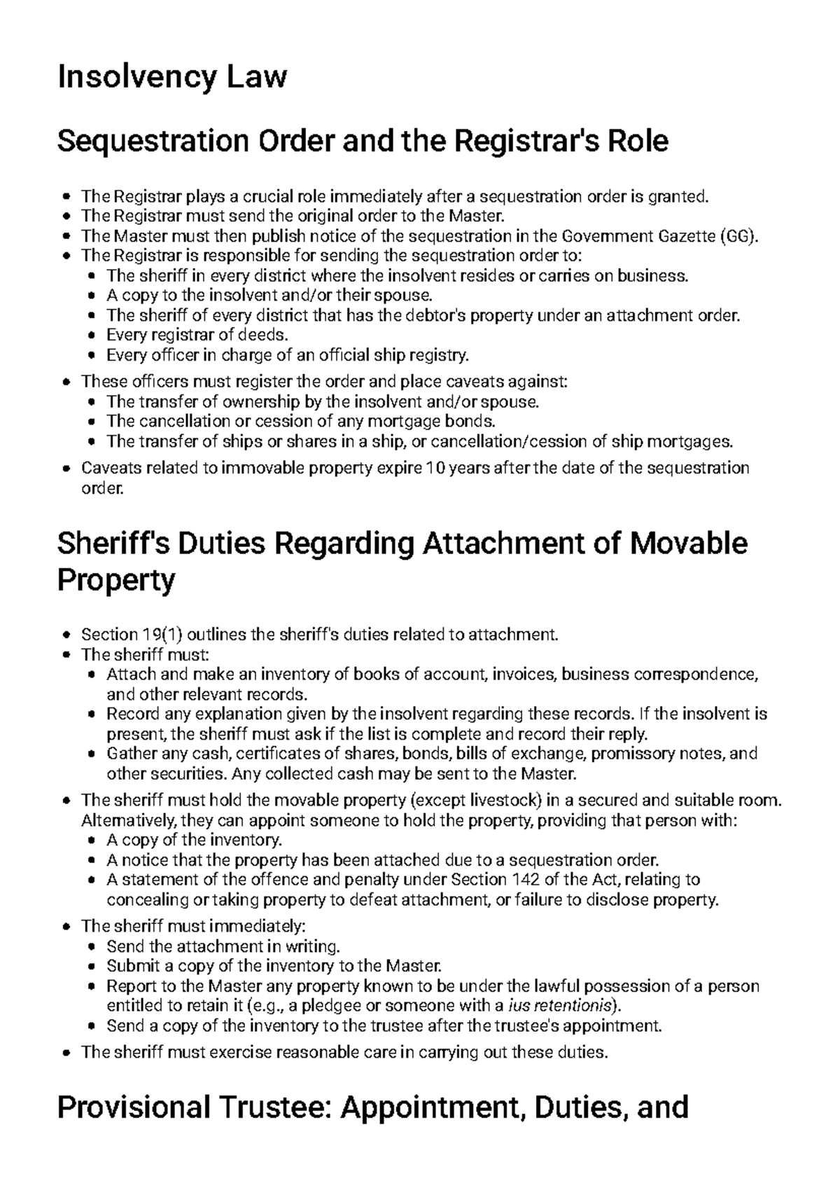 Insolvency Law Study Guide: Sequestration Orders & Trustee Roles (Units ...