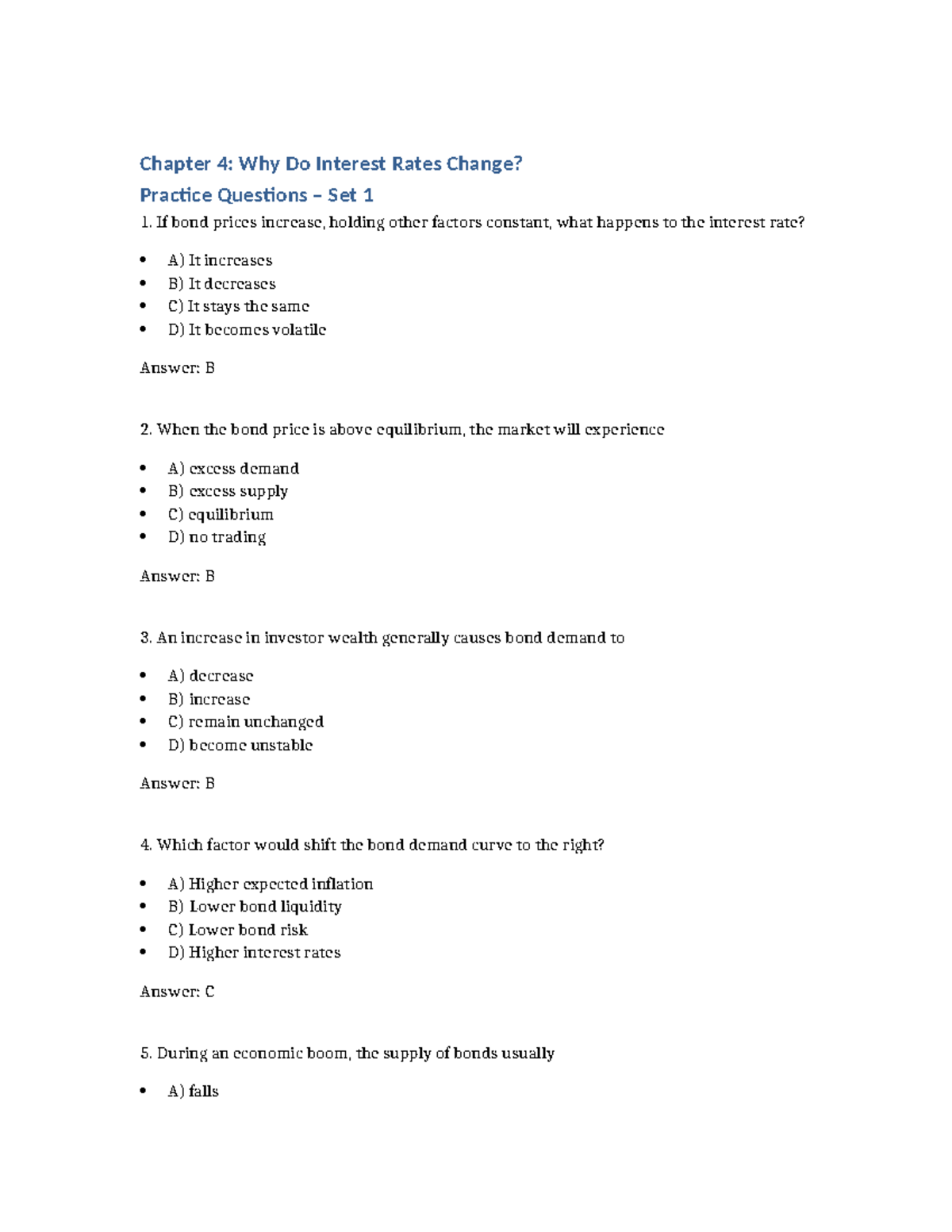 Chapter 4: Interest Rates Changes - Practice Questions Set 1 - Studocu