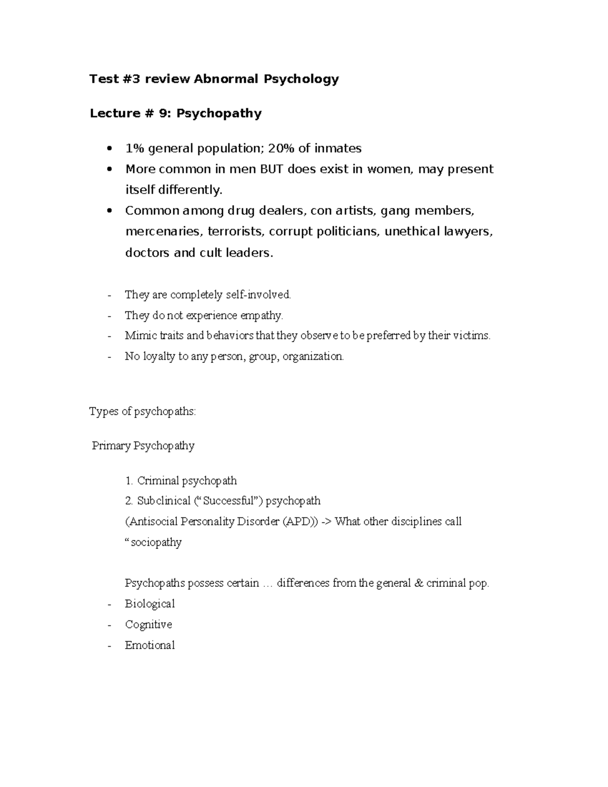 Test #3 Review: Abnormal Psychology Lecture on Psychopathy and Related ...