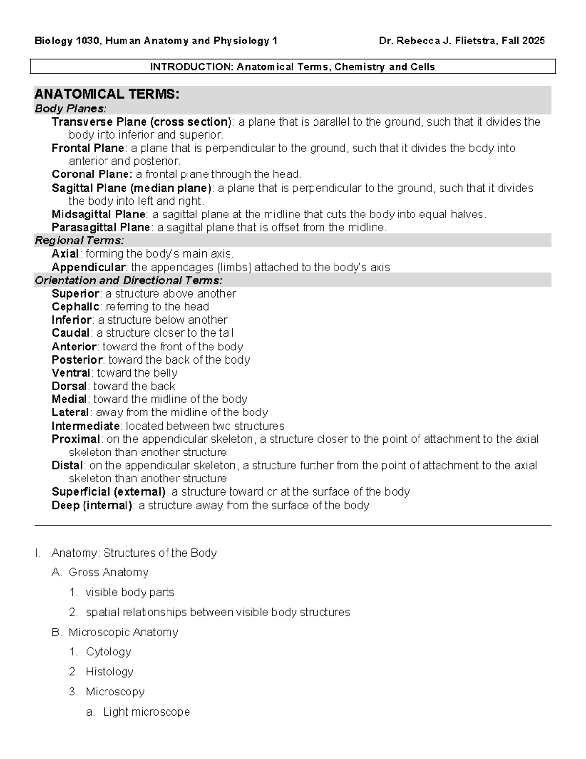 Biology 1030: Human Anatomy and Physiology 1 Study Guide - Fall 2025 ...