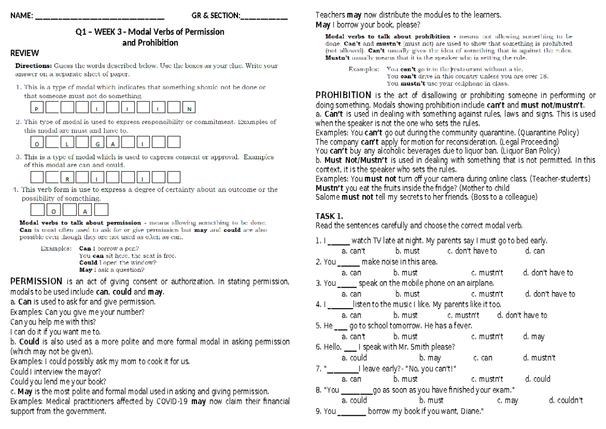 Handout - W3-Modal Verbs of Permission - NAME ...