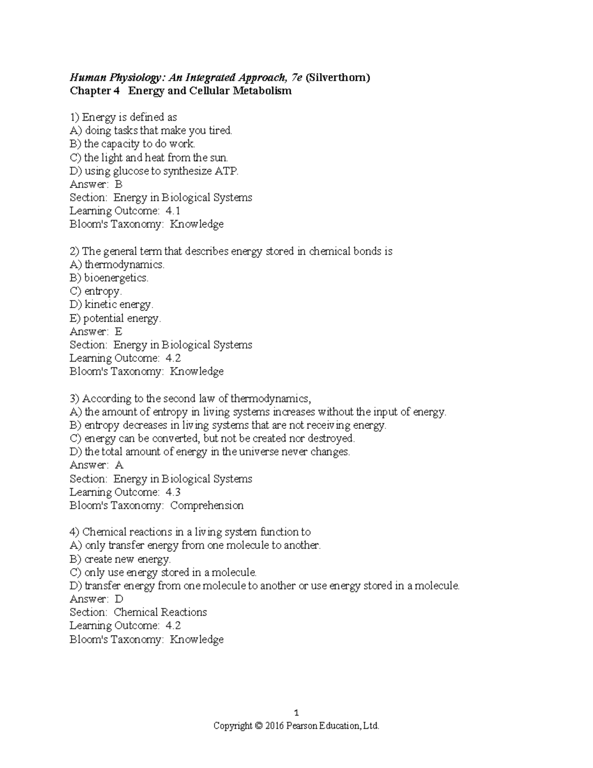 Human Physiology (7e) Chapter 4 Test Bank: Energy & Metabolism - Studocu