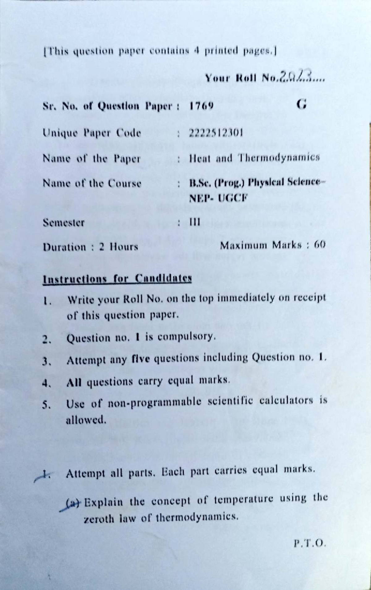 Heat and Thermodynamics Exam Paper - B.Sc. (Physical Science) Sem-III ...