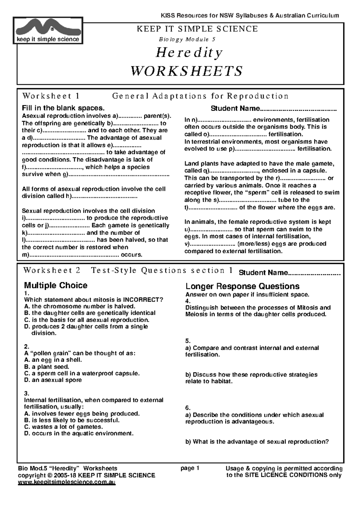Bio Mod.5 Worksheets: Heredity and Reproductive Strategies - Studocu