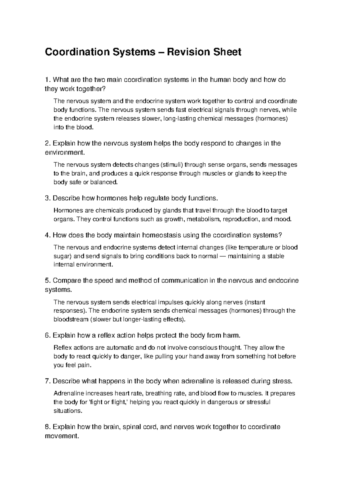 Coordination Systems Revision Sheet: Nervous & Endocrine Functions ...