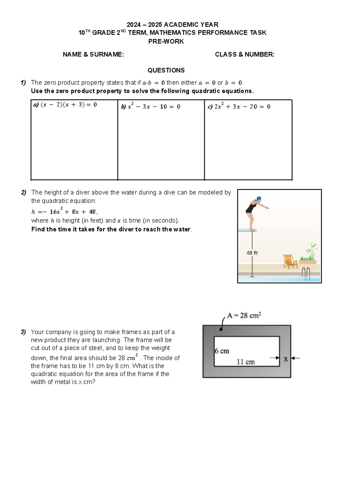 10TH GRADE MATHEMATICS PERFORMANCE TASK 2024-2025: QUADRATIC EQUATIONS ...