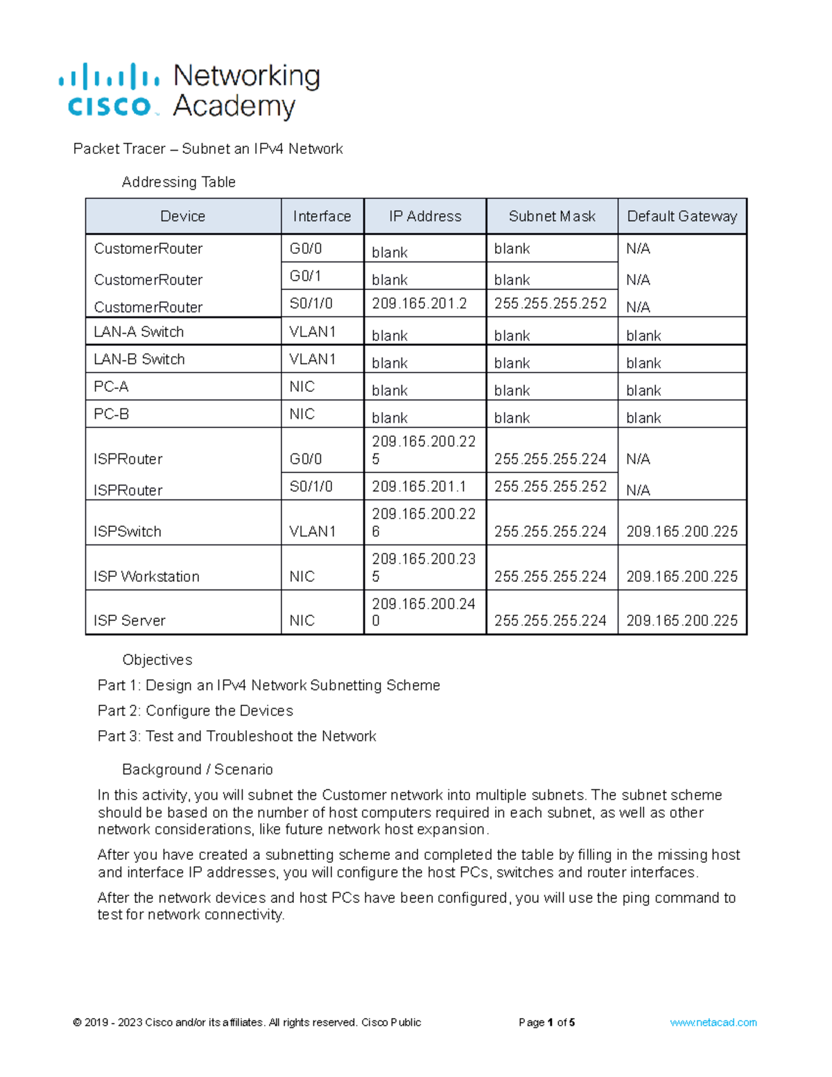 11.5.5 Packet Tracer - Subnet an IPv4 Network - Addressing Table Device Interface IP Address ...