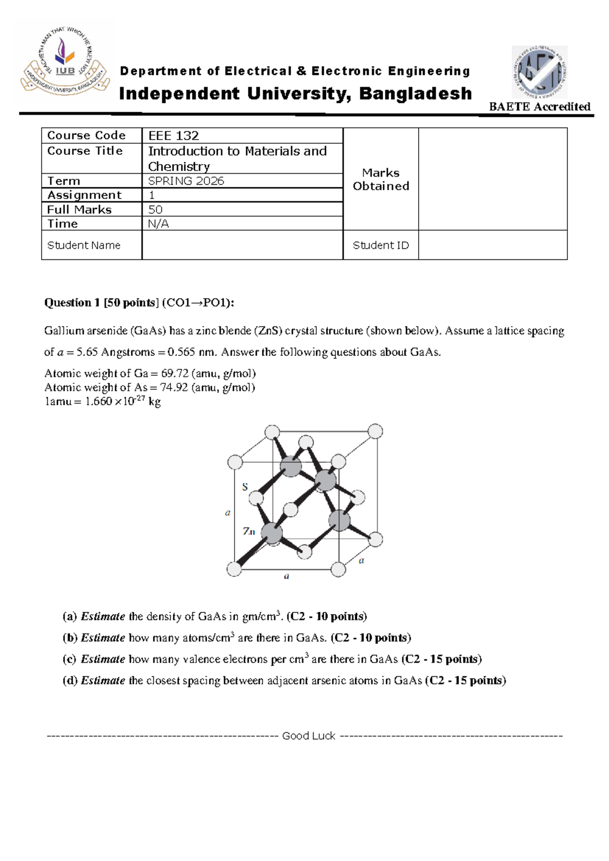 EEE 132 - Assignment 1: GaAs Density and Properties Analysis - Studocu