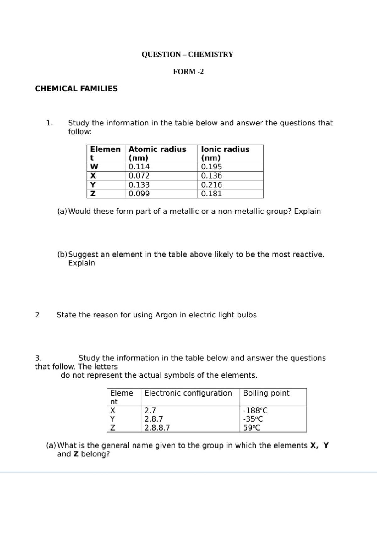 Chemistry Form 2 Topical Questions on Chemical Families and Reactions ...