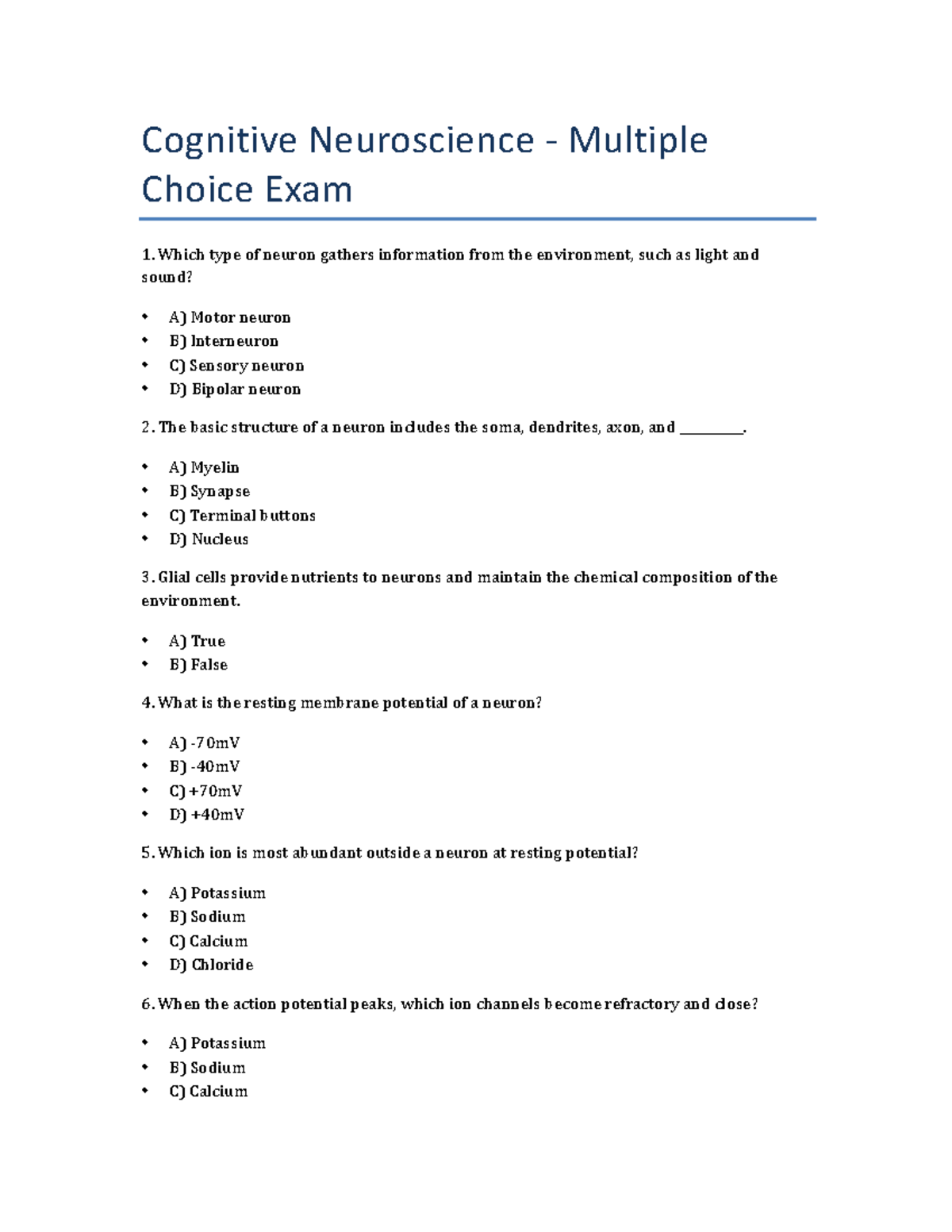 Cognitive Neuroscience - Practice Exam Questions and Answers - Studeersnel
