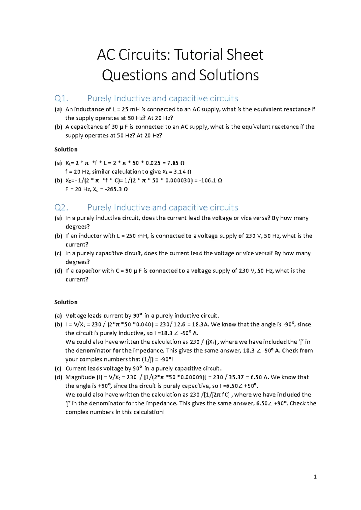 AC Power Question AND Solution v1 PDF - AC Power: Tutorial Sheet ...