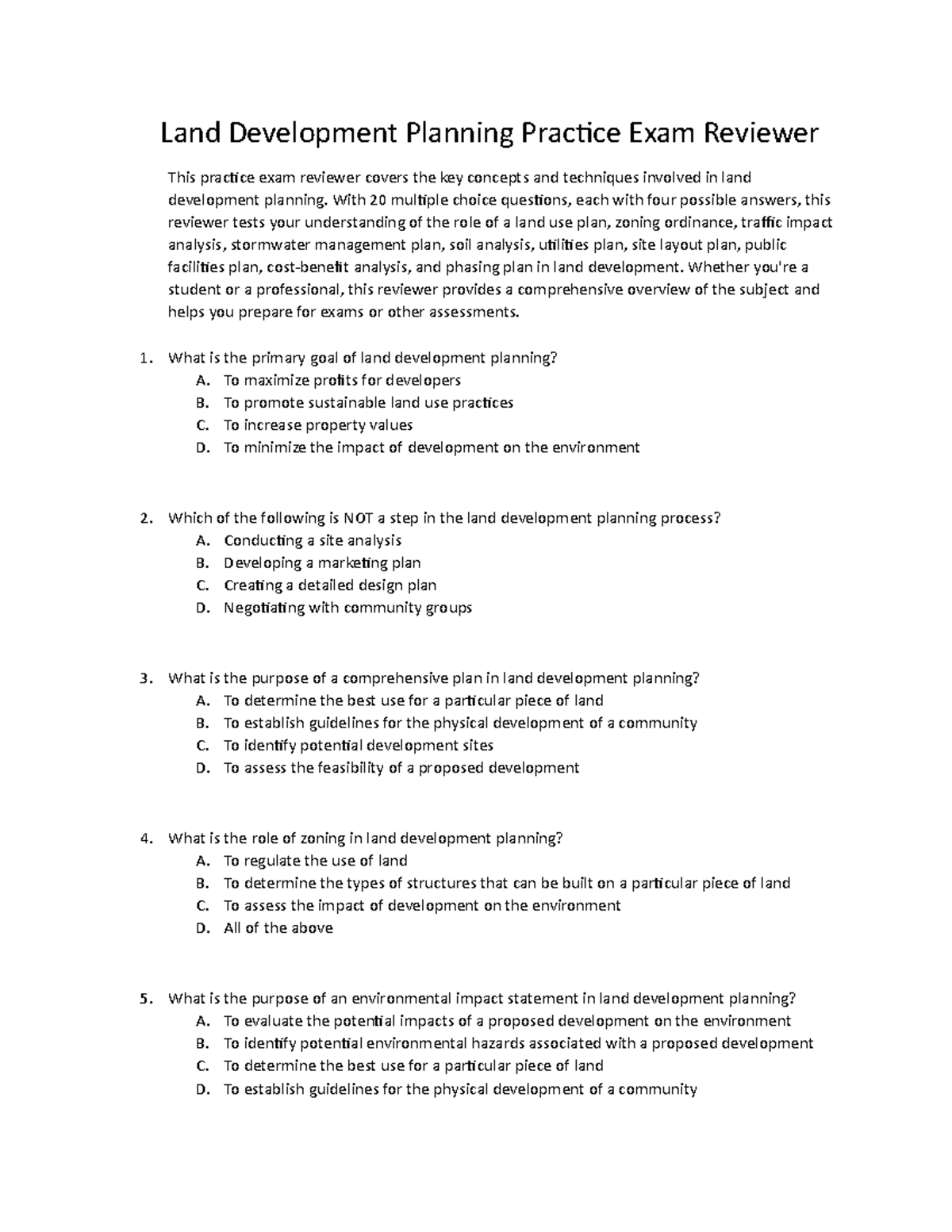 Land Dev. Planning Practice Exam Reviewer (20 Qs & Key) - Studocu