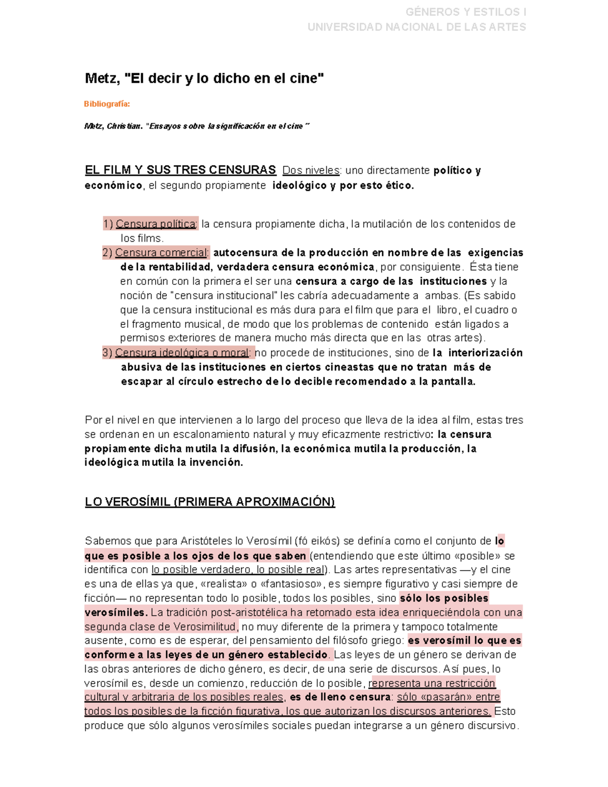 METZ - ANÁLISIS DE LO DICHO Y LO VEROSÍMIL EN EL CINE - Studocu