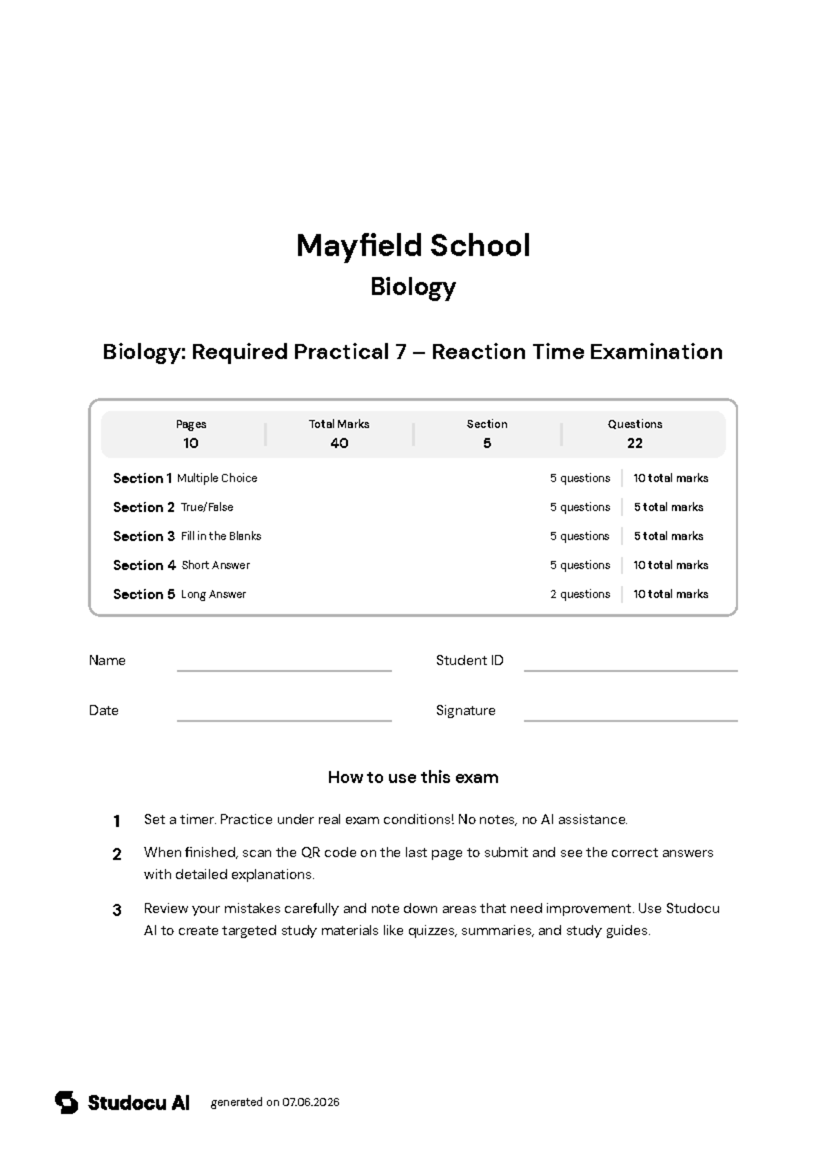Biology Required Practical 7: Reaction Time Exam - Studocu