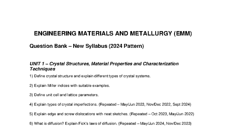 EMM Question Bank: Engineering Materials & Metallurgy (2024 Syllabus ...
