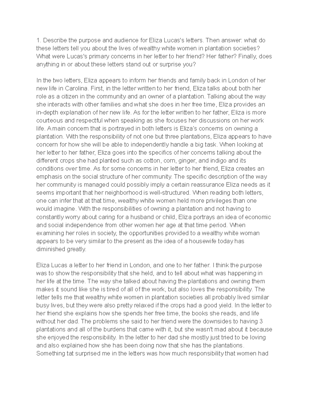HIST 204 - Examining Eliza Lucas's Letters: Purpose & Audience Insights ...
