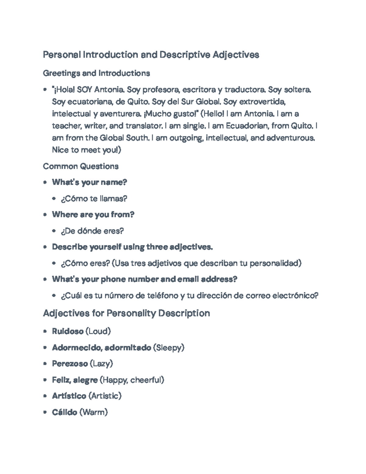 Spanish Greetings and Personality Adjectives Overview - Personal ...