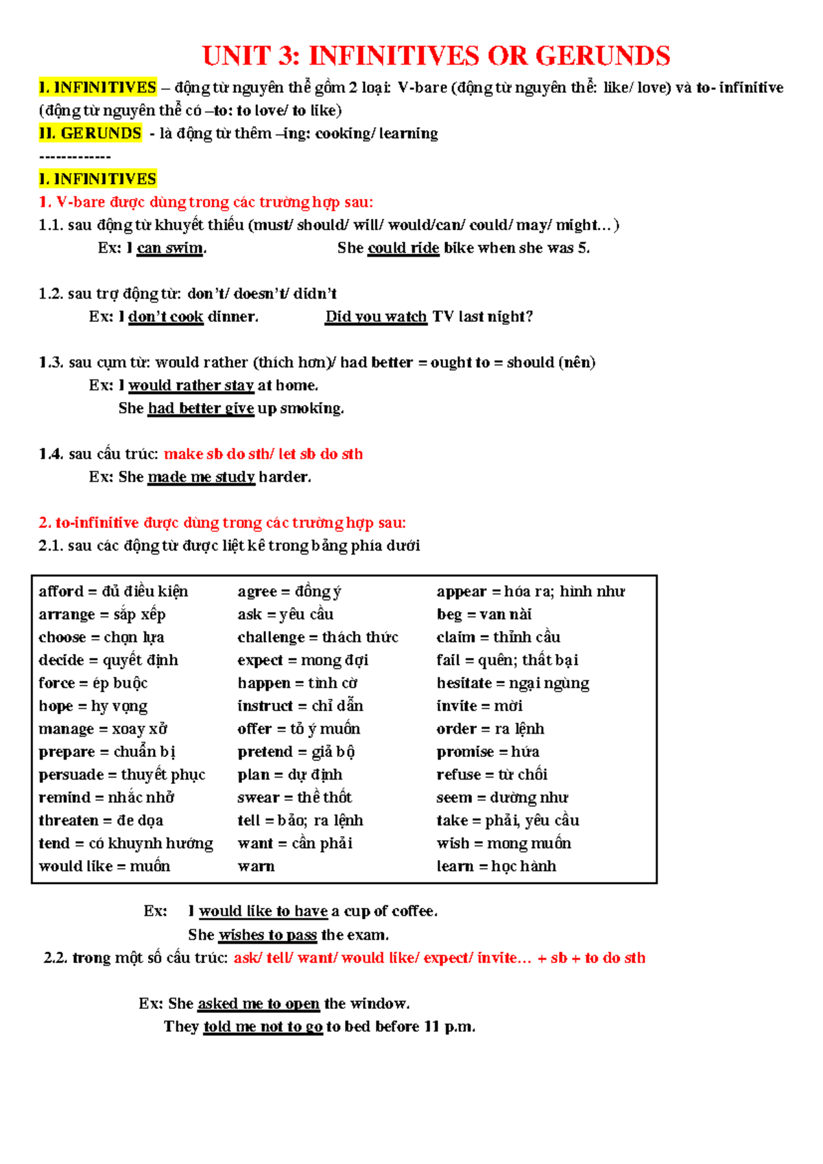 UNIT 3.P1. Infinities and Gerunds - English 1 Grammar Guide - Studocu