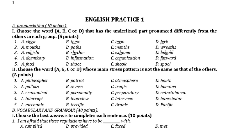 1 ENGLISH PRACTICE 1: Pronunciation, Vocabulary, and Reading Test - Studocu
