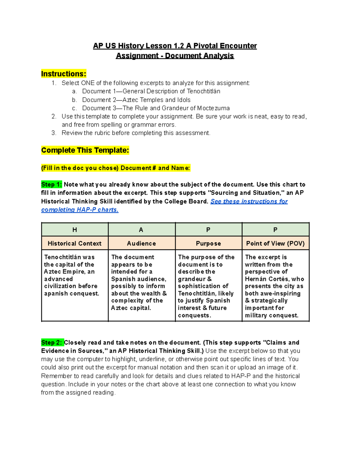Copy of Lesson 1.2 Assignment Doc Analysis - AP US History Lesson 1 A ...