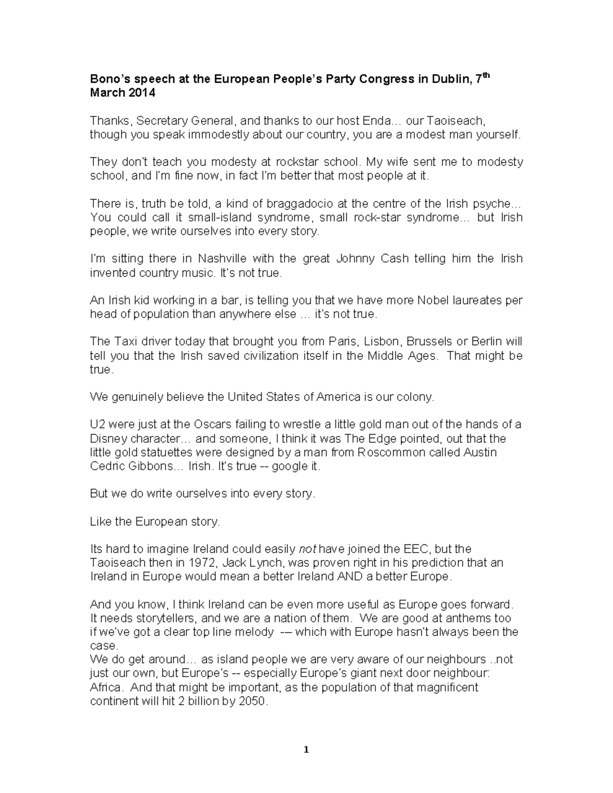 Bono's Speech at the EPP Congress in Dublin, March 2014 - Studocu