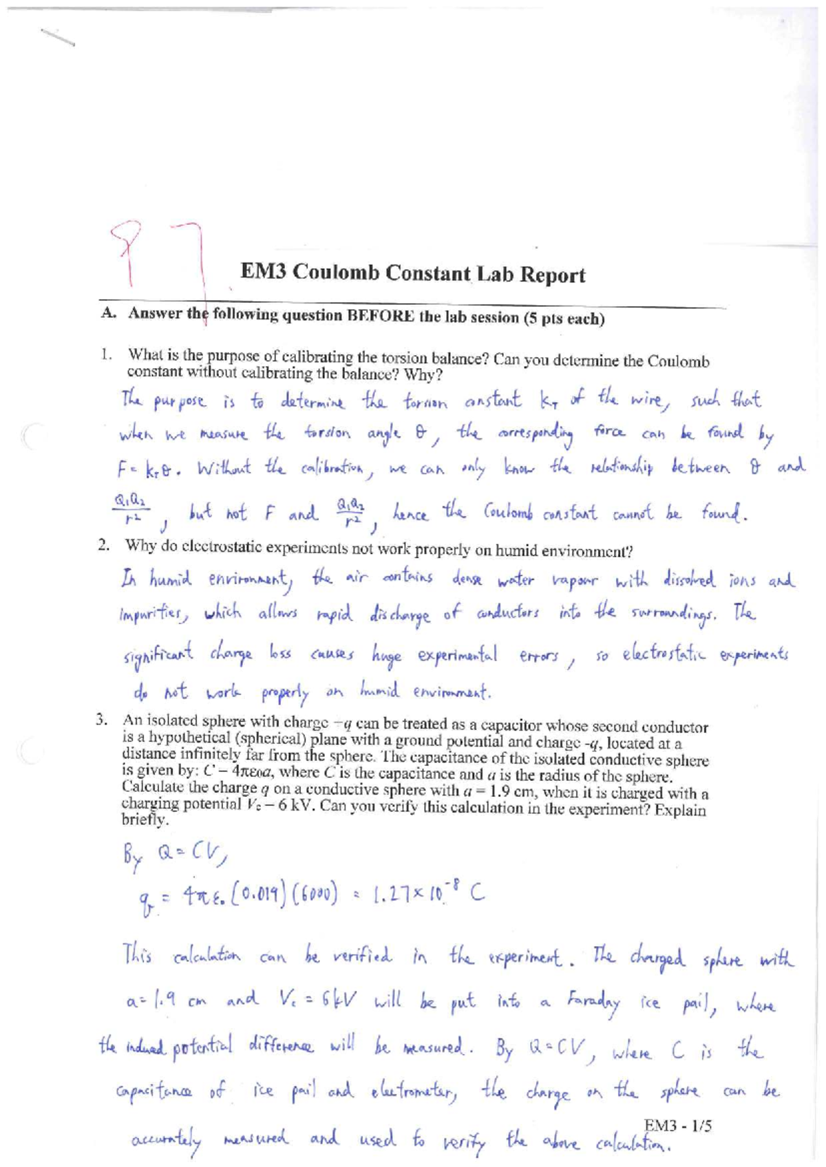 EM3 Coulomb constant lab report and analysis of results - Studocu