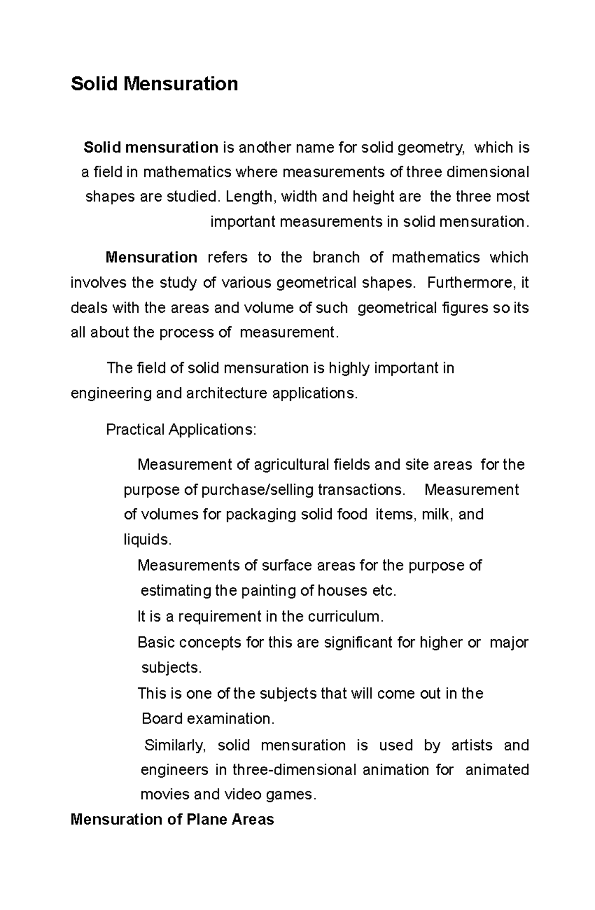 Solid Mensuration Lecture Notes for Basic Engineering Math (ENG 101 ...