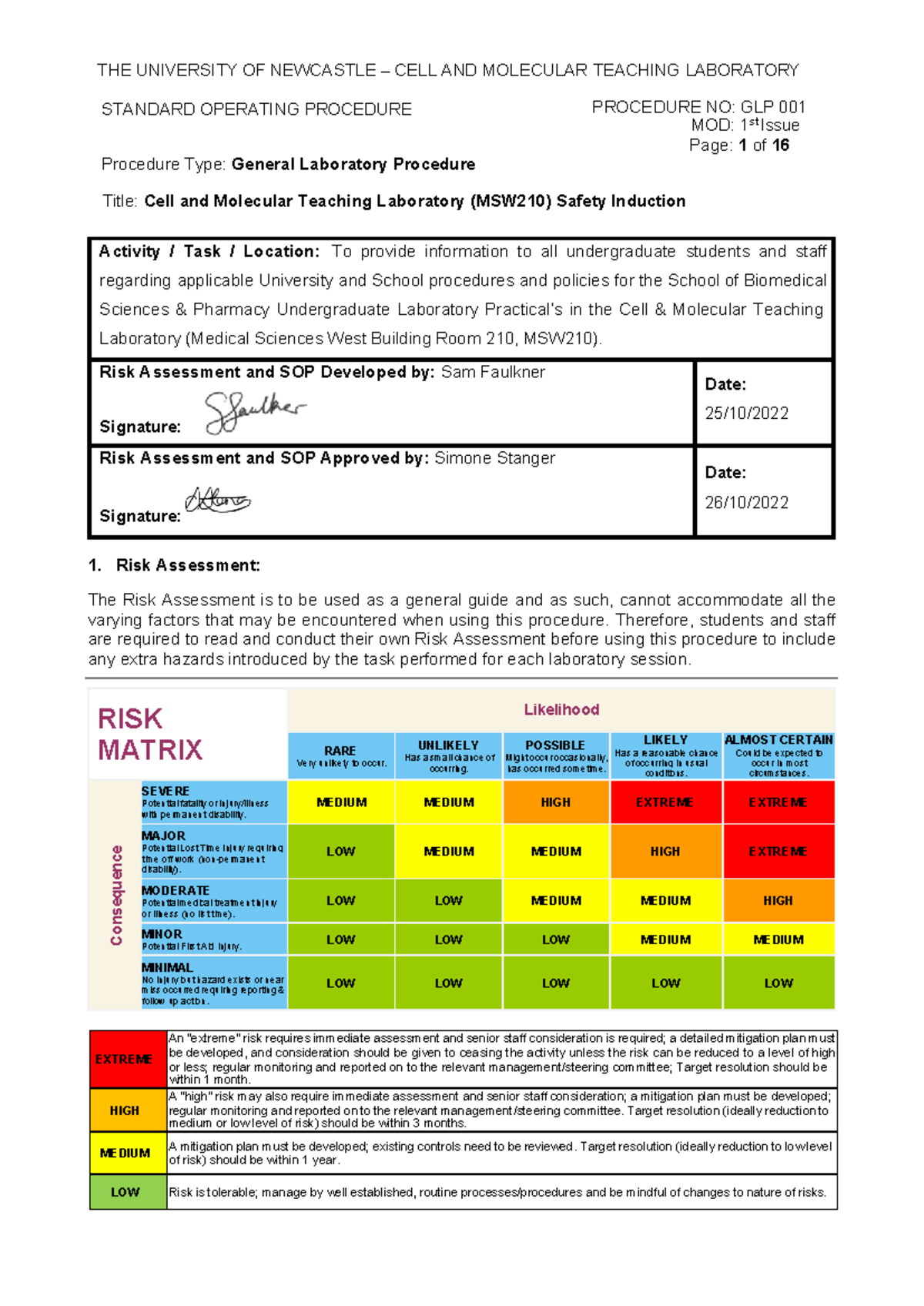 GLP 001 - Cell and Molecular Teaching Lab (MSW210) Safety Induction ...